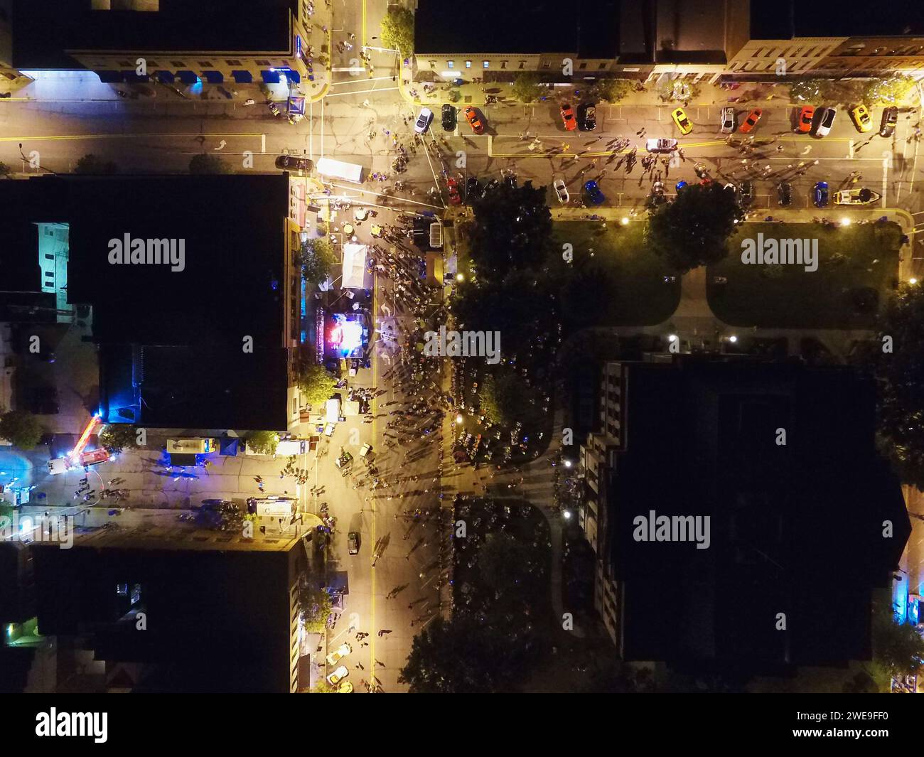 Aerial Nighttime Urban Intersection with Streetlights and Cars, Indiana ...