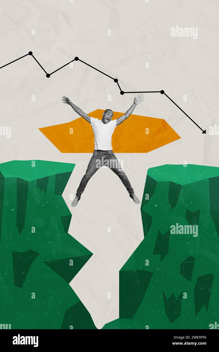 Vertical creative collage image of scared man bankrupt falling cliff ...
