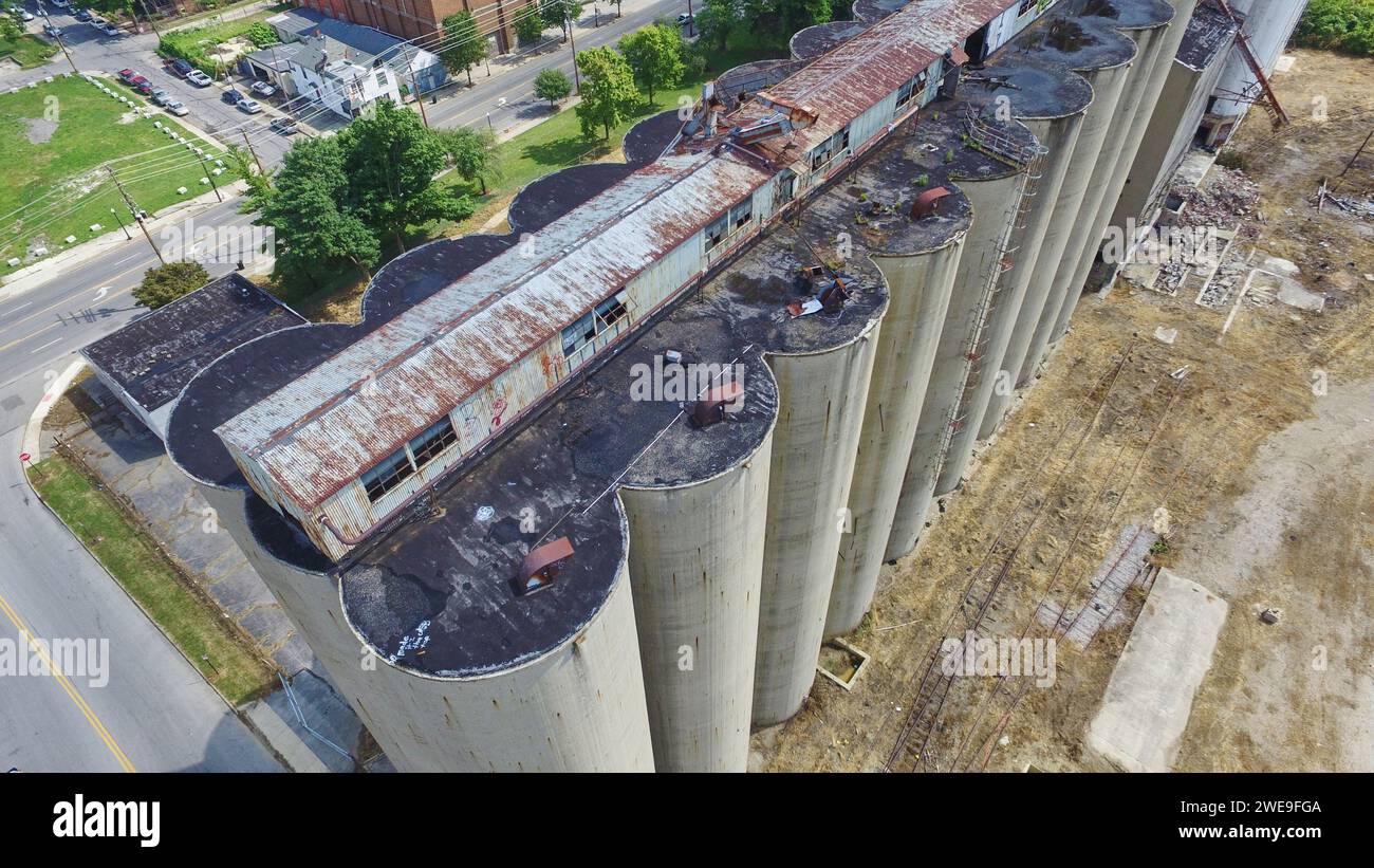 Aerial View of Abandoned Grain Silos and Factory in Decay Stock Photo ...