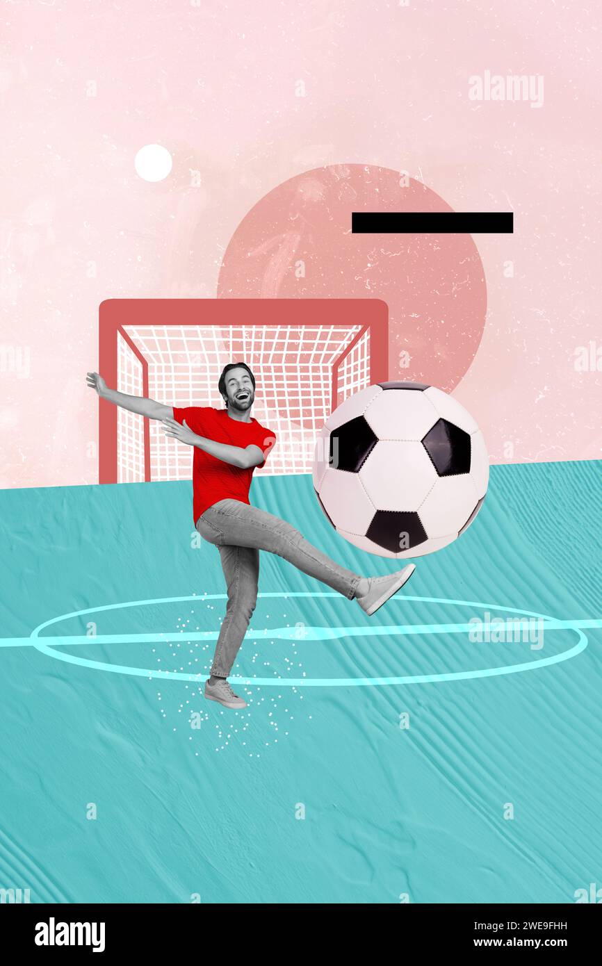 Creative poster collage of funny man playing football goalkeeper kick ...