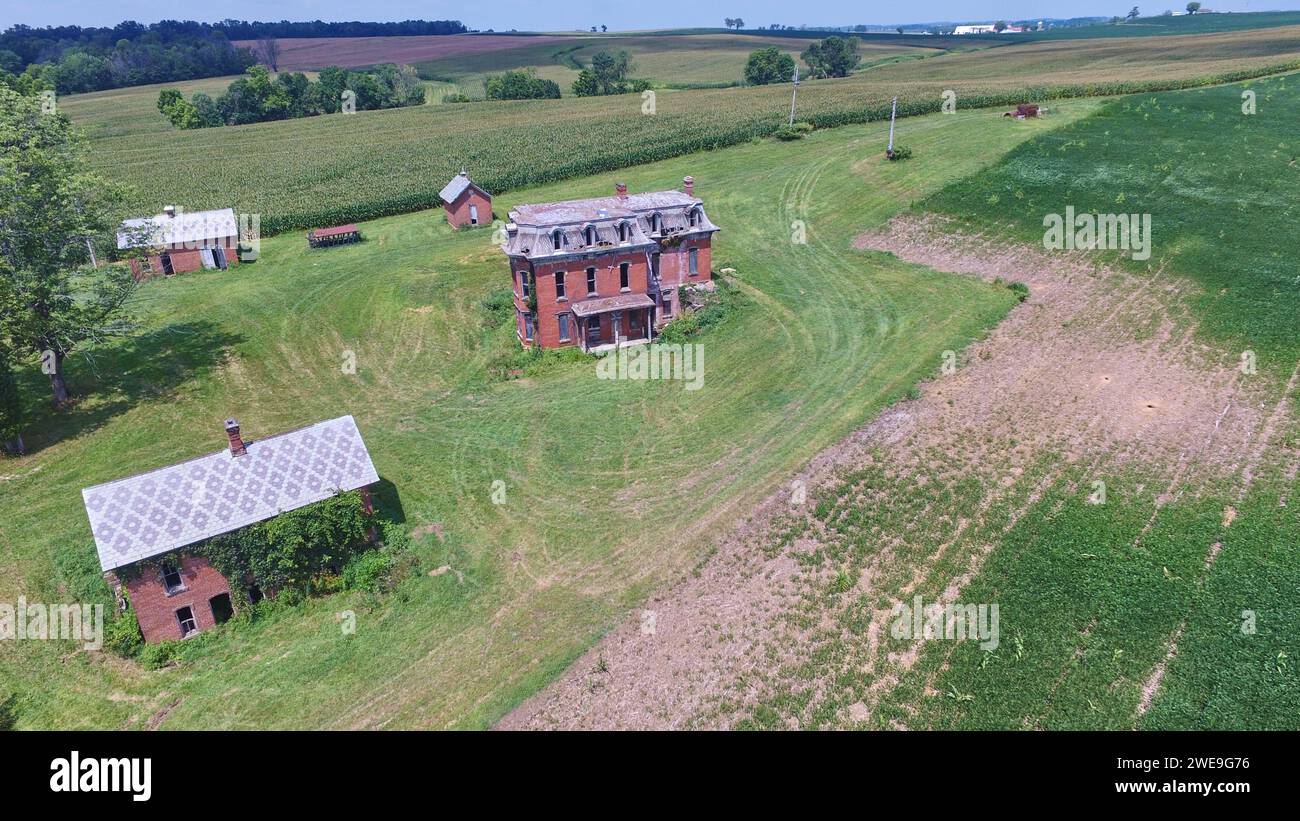 Aerial View of Abandoned Rural Mansion and Farmland in Ohio Stock Photo ...