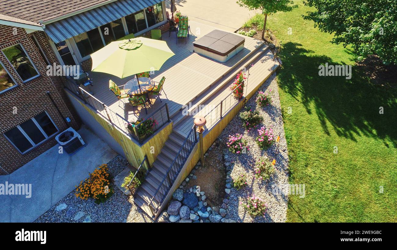 Aerial Suburban Backyard with Deck and Garden in Sunshine Stock Photo ...