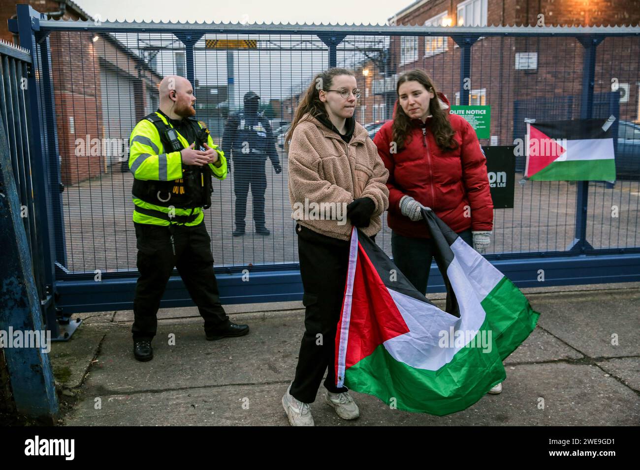 Shenstone, UK. 23rd Jan, 2024. Protesters gather at the main gate ...