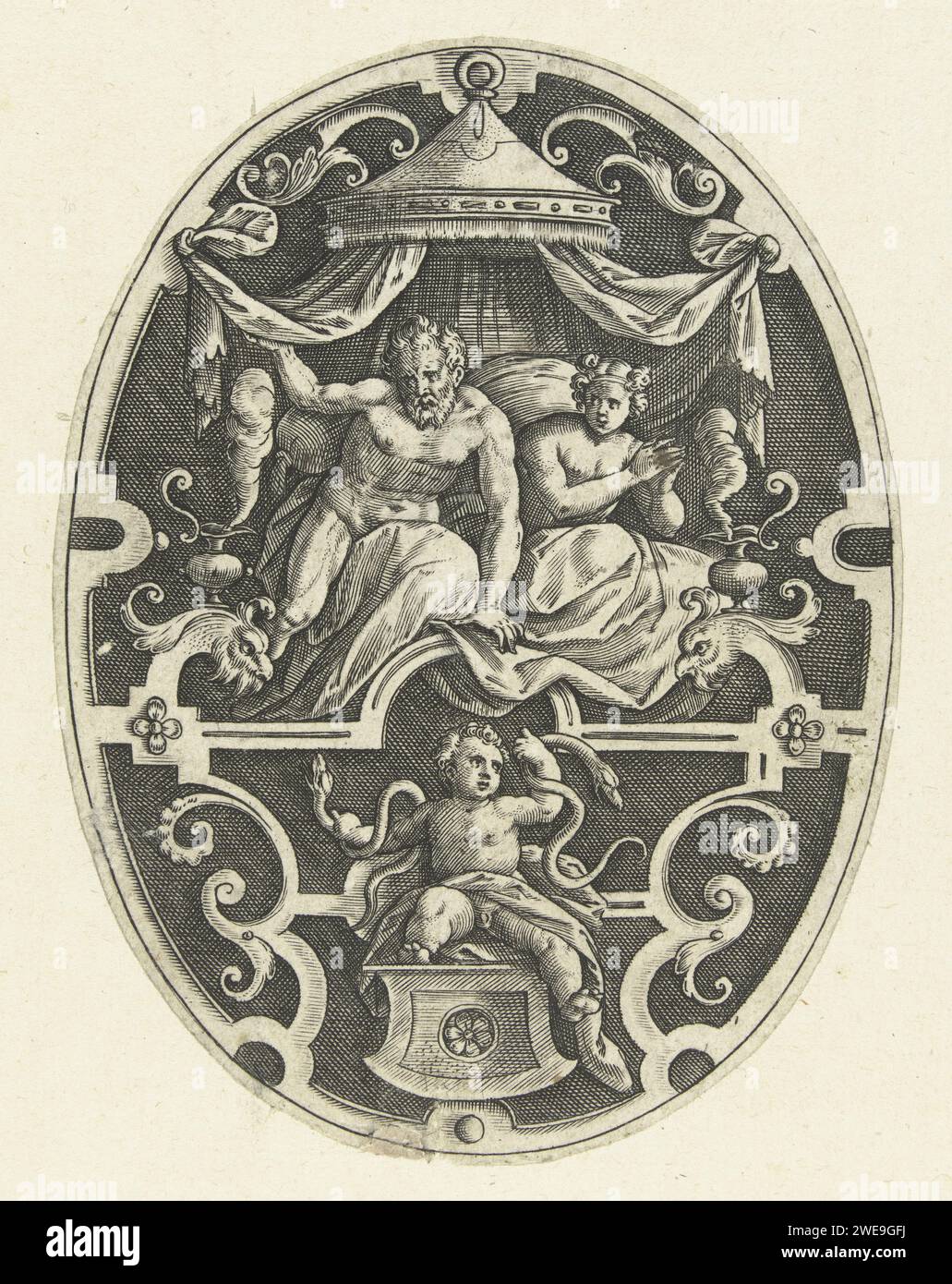 Plat decoration: Hercules strangles in his cradle the two snakes, 1519 ...