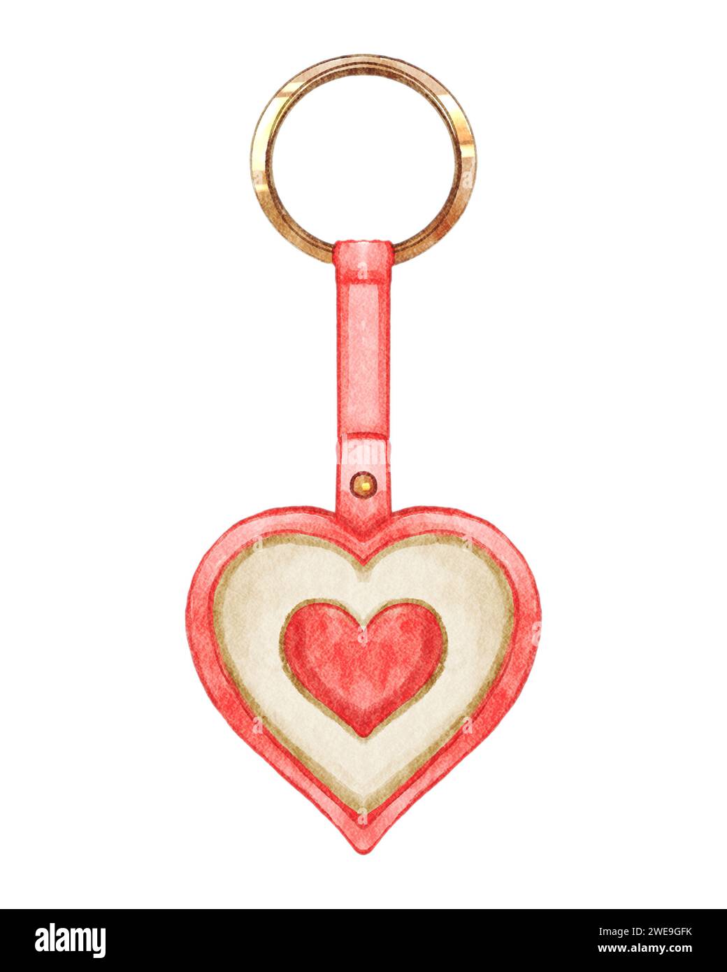 Heart shaped key ring . Valentines day object . Watercolor painting ...