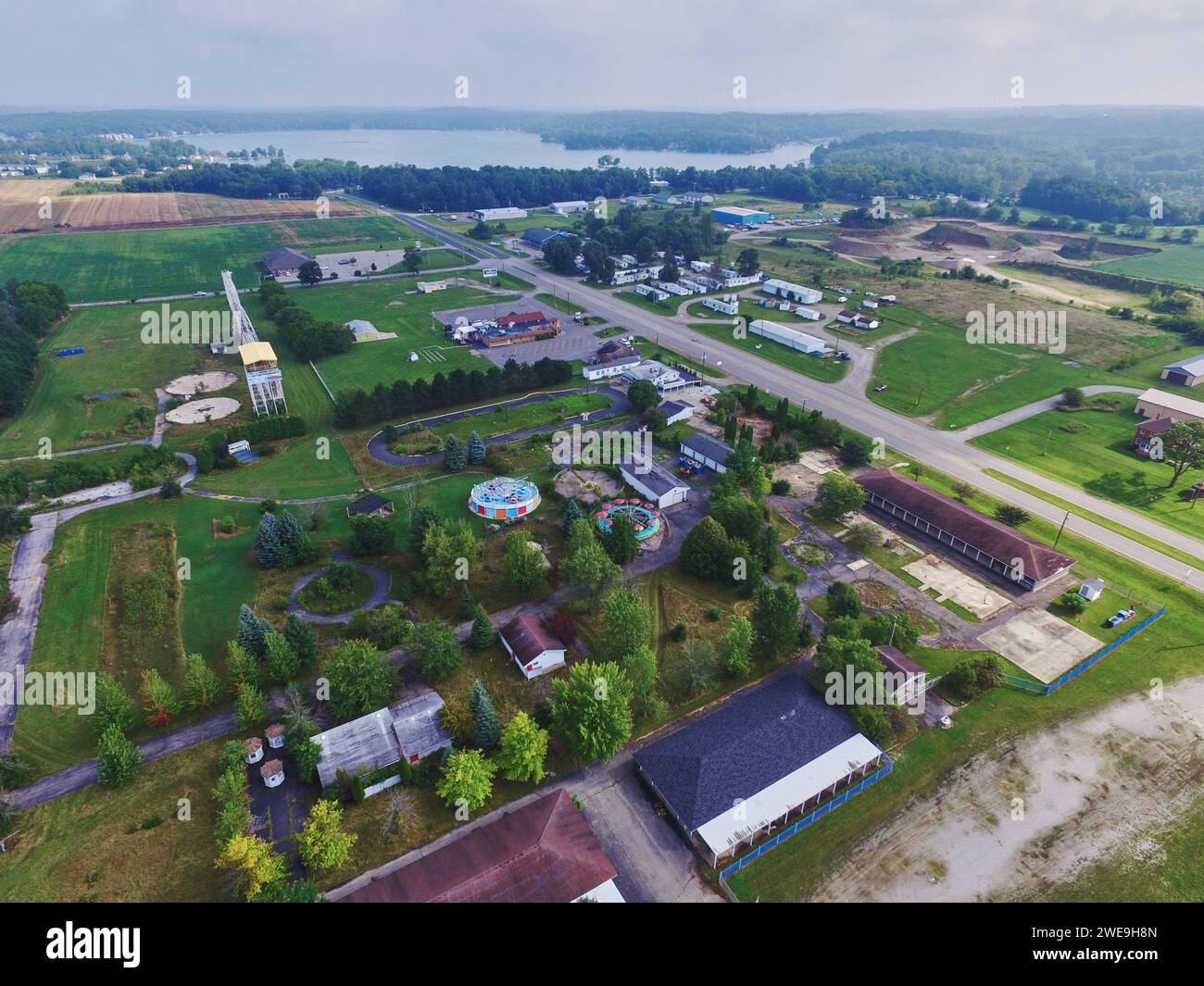 Aerial View of Abandoned Amusement Park and Rural Landscape in Indiana ...