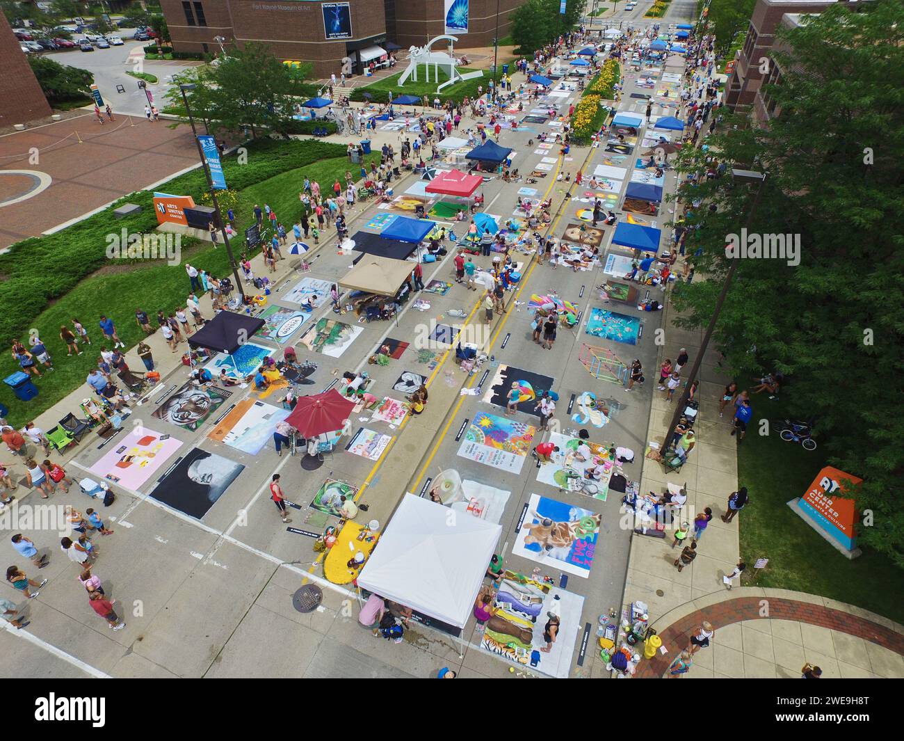 Aerial View of Urban Street Fair with Chalk Art and Booths Stock Photo ...