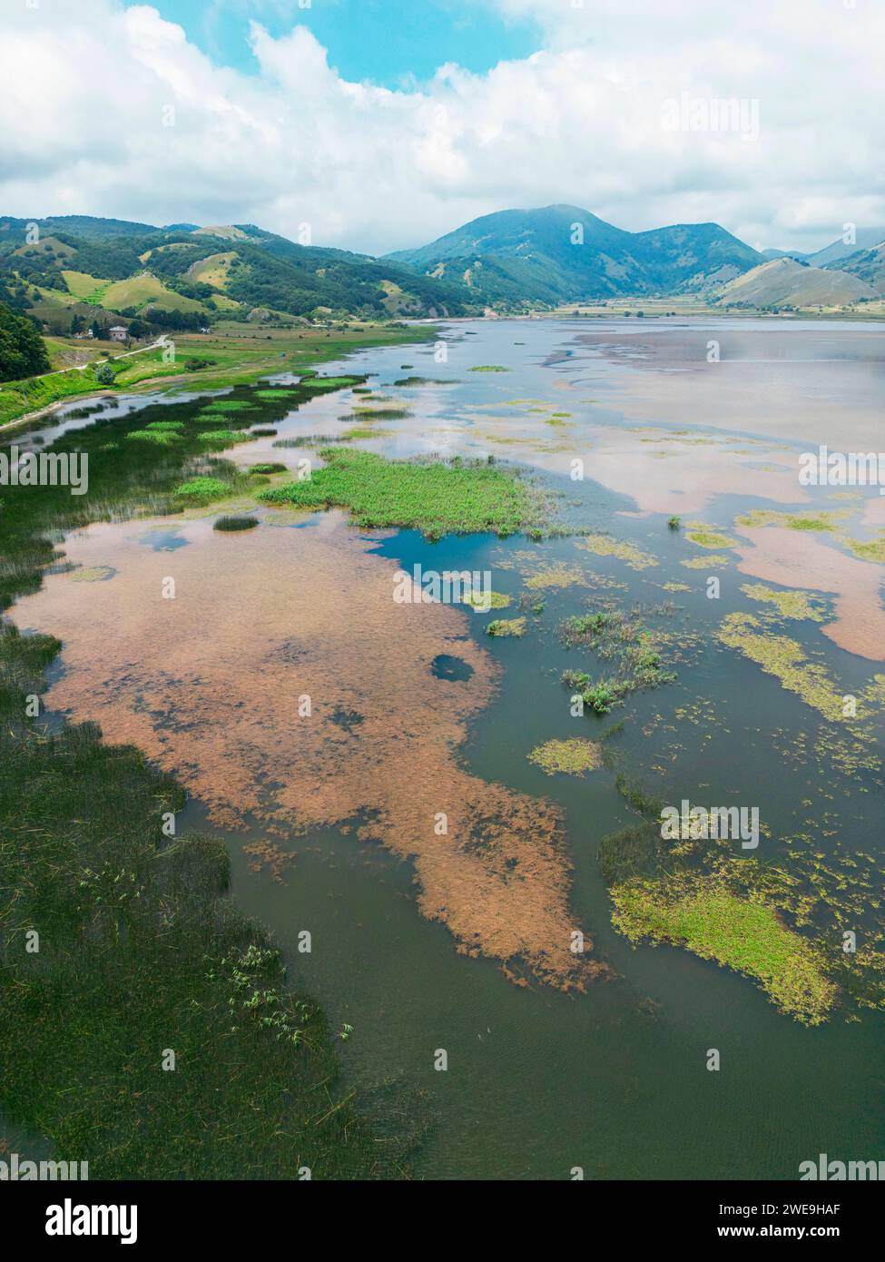 Drone-captured photograph at Lake Matese, Campania, Italy, featuring an ...