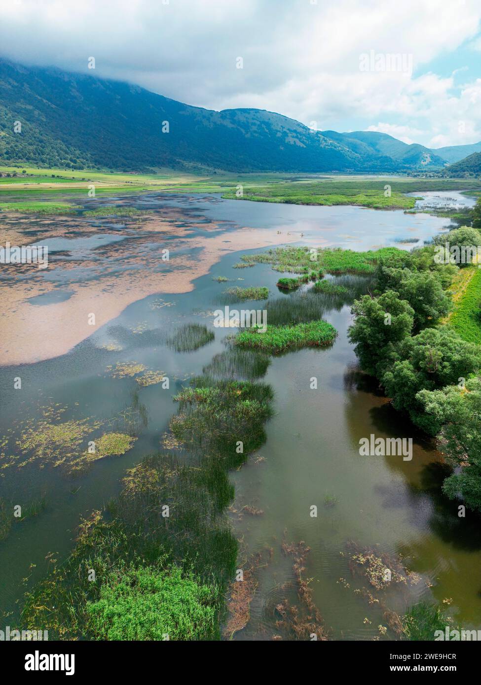 Drone-captured photograph at Lake Matese, Campania, Italy, featuring an ...