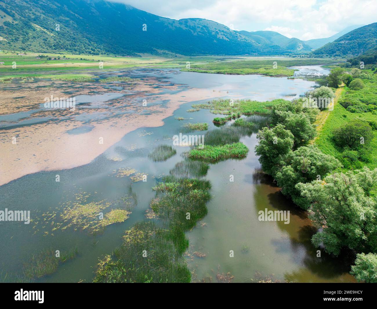 Drone-captured photograph at Lake Matese, Campania, Italy, featuring an ...