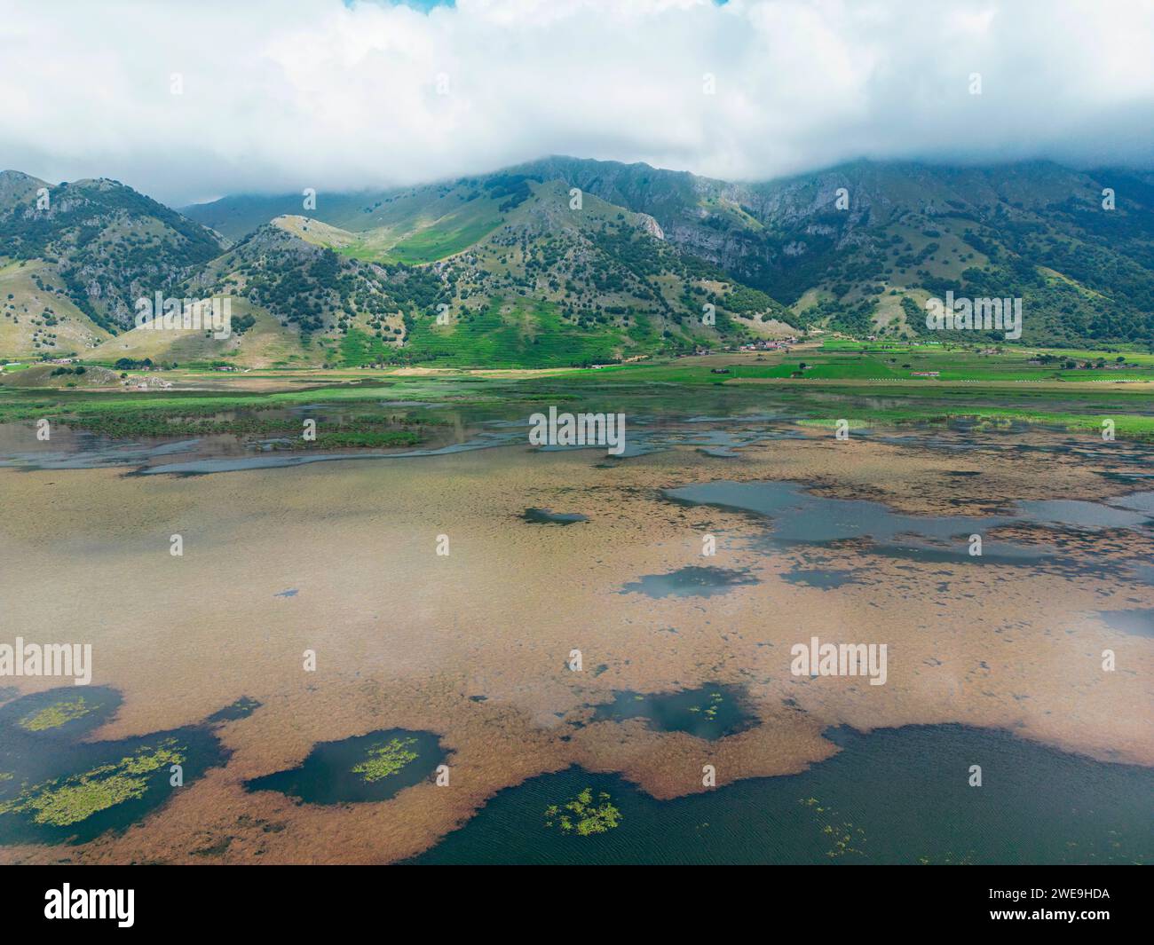 Drone-captured photograph at Lake Matese, Campania, Italy, featuring an ...