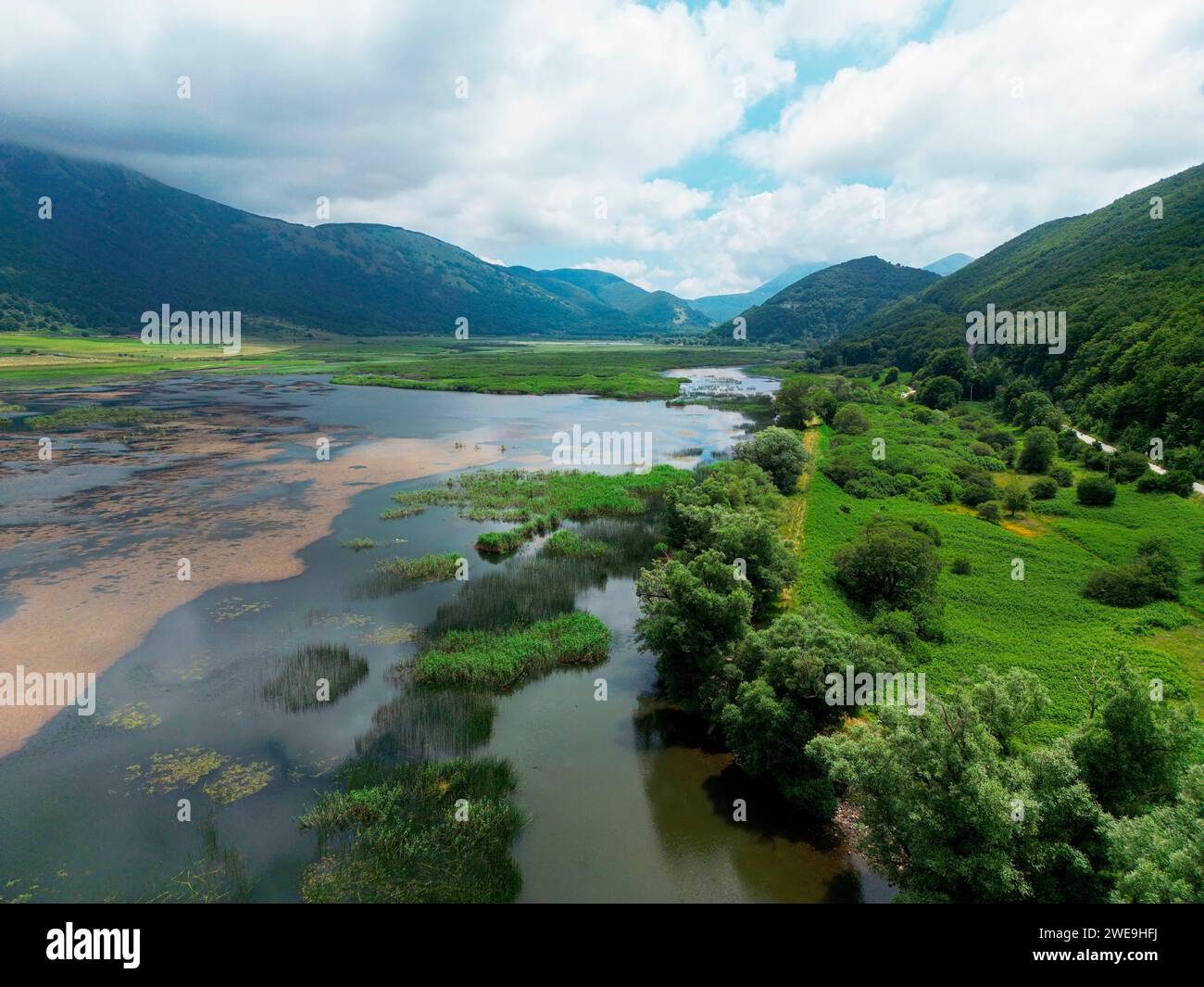 Drone-captured photograph at Lake Matese, Campania, Italy, featuring an ...