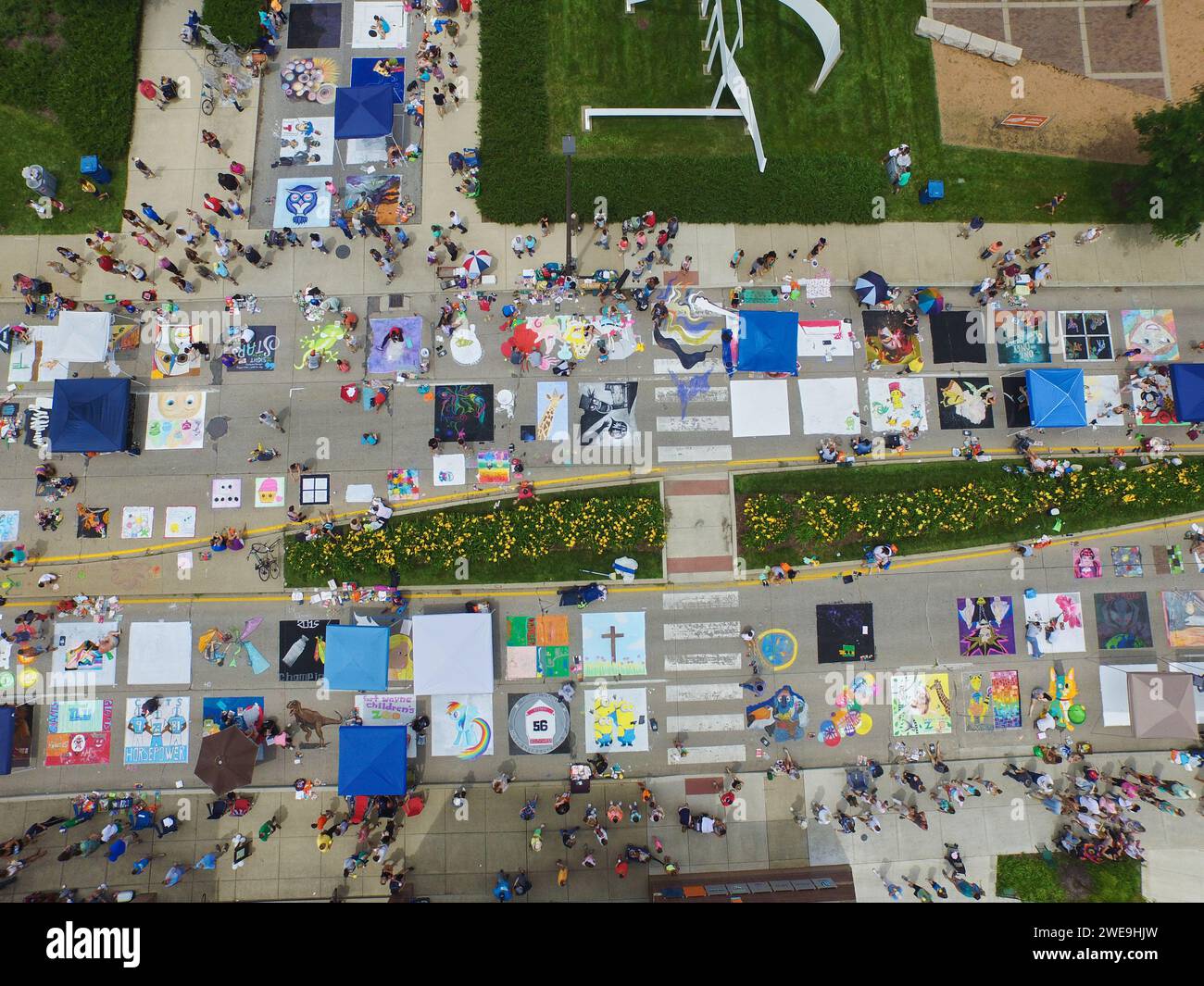 Aerial View of Vibrant Sidewalk Chalk Art Festival in Urban Park Stock ...