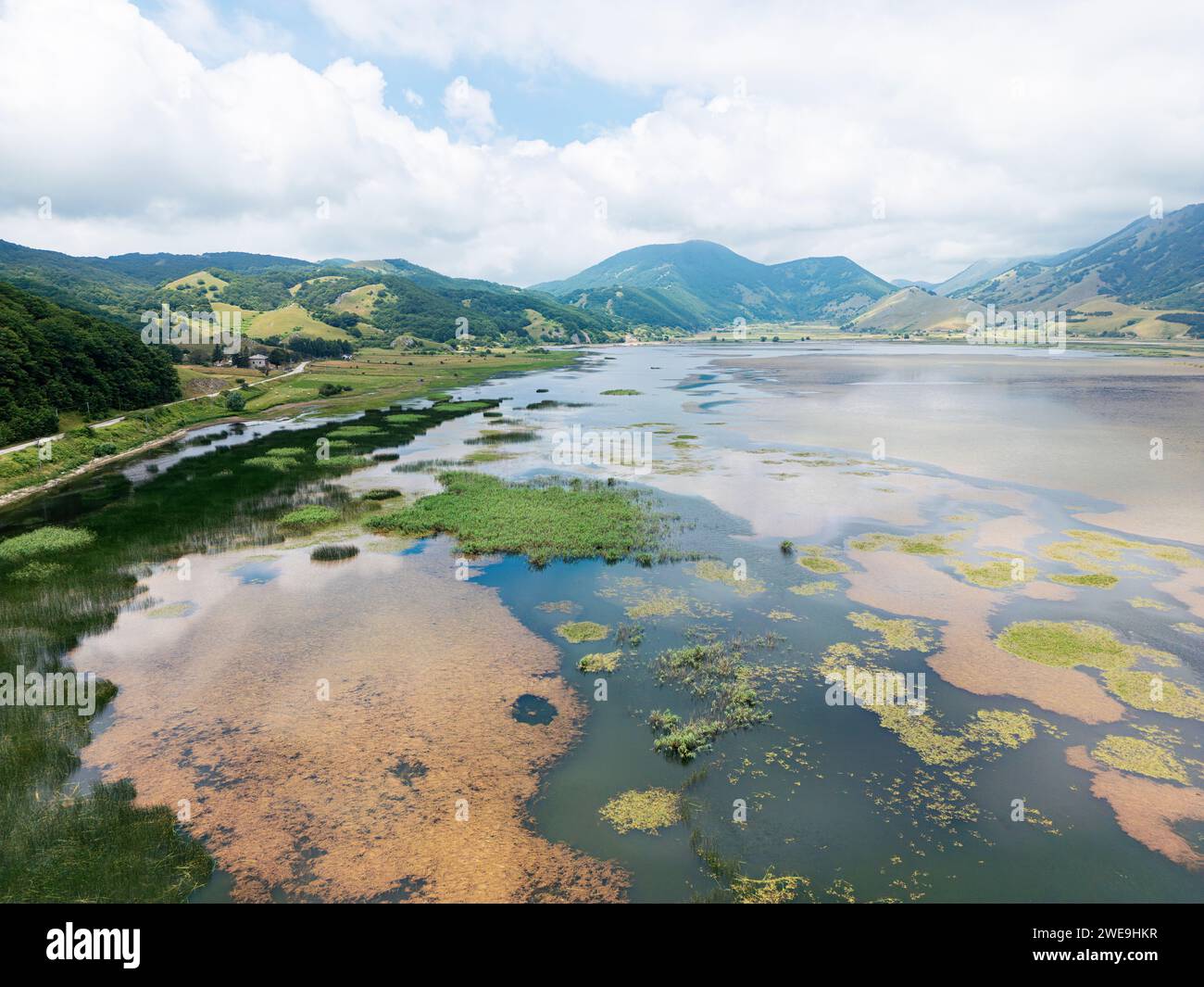 Drone-captured photograph at Lake Matese, Campania, Italy, featuring an ...