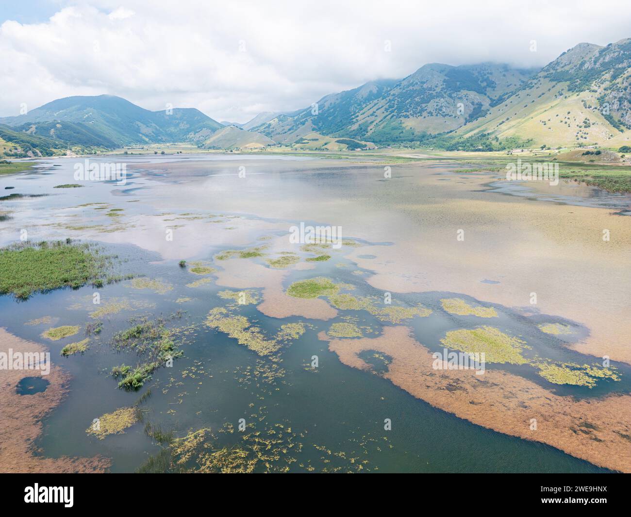 Drone-captured photograph at Lake Matese, Campania, Italy, featuring an ...