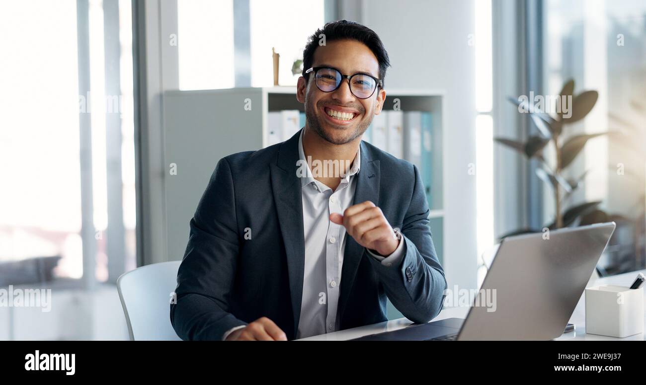 Happy, office laptop and business man, bank consultant or admin worker ...