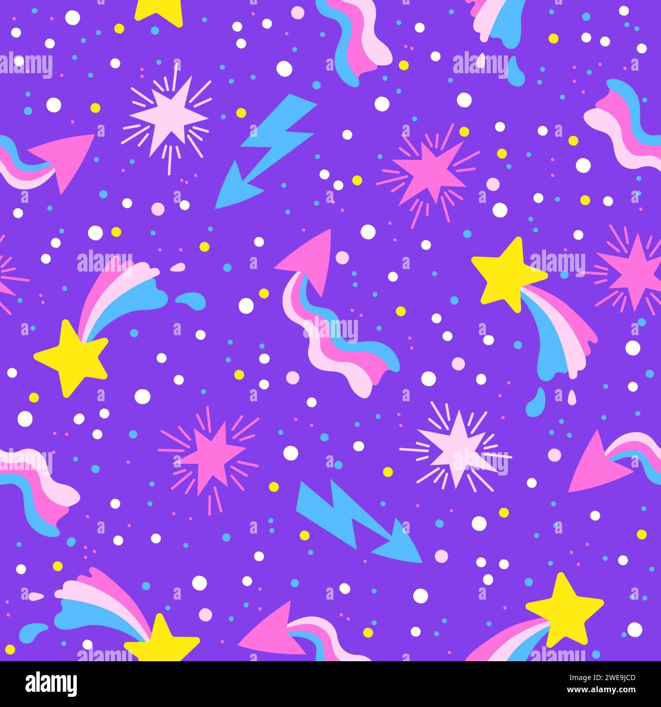 Hand drawn vector seamless pattern of neon stars and meteorites on ...
