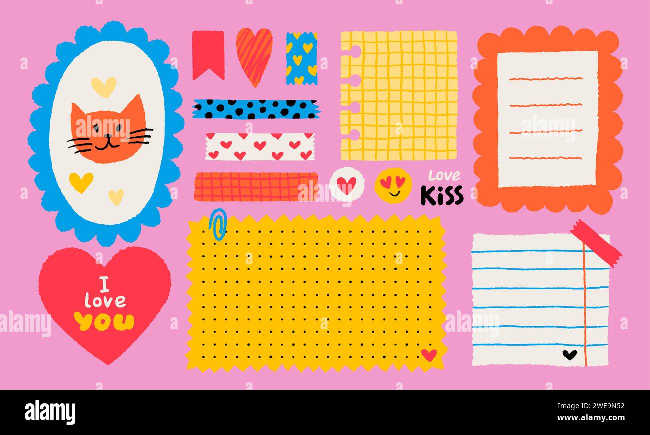 Paper valentine memo notes on stickers. Vector vintage sticky notes and ...