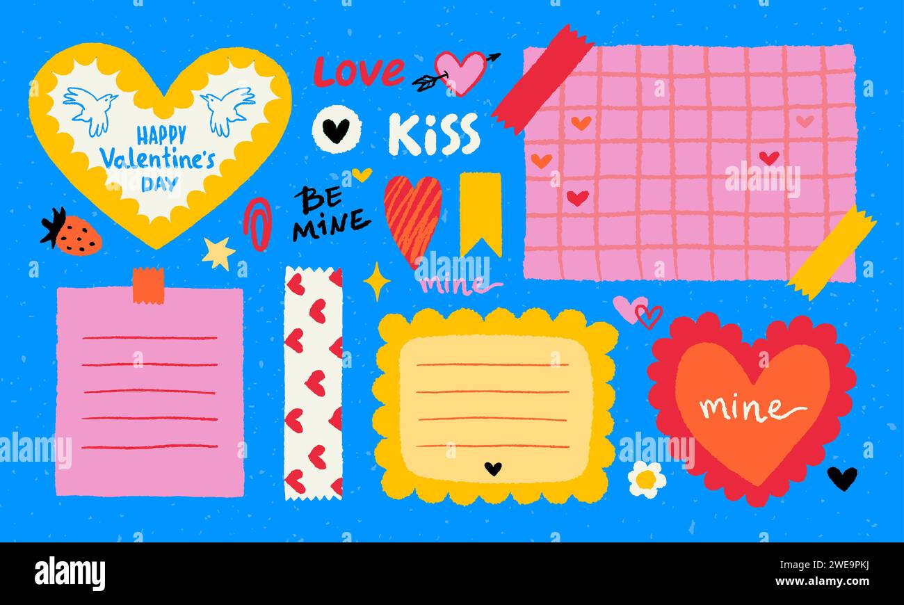 Paper valentine memo notes on stickers. Vector vintage sticky notes and ...