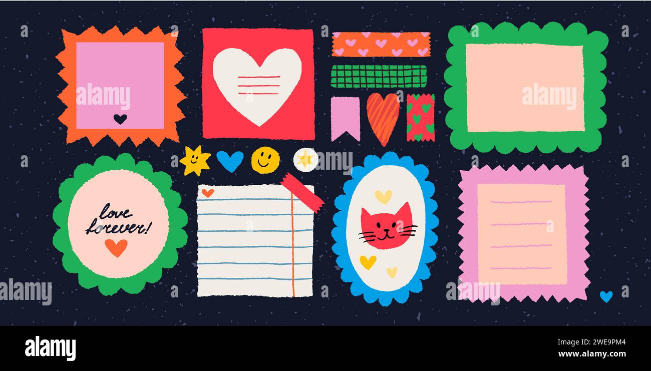 Paper valentine memo notes on stickers. Vector vintage sticky notes and ...