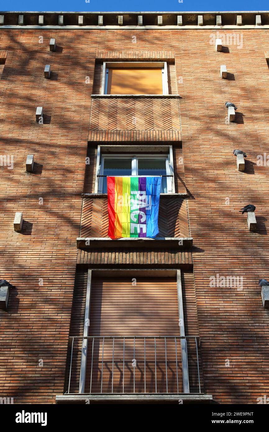 Peace flag hanging from a window, symbol of peace, Italy Stock Photo ...