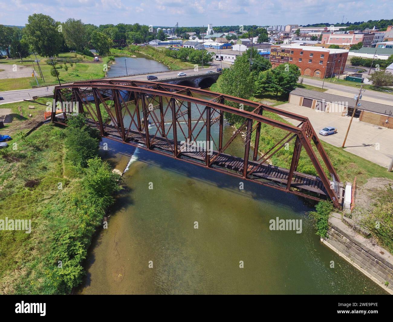 Aerial View of Rusted Truss Bridge and River in Ohio Town Stock Photo ...