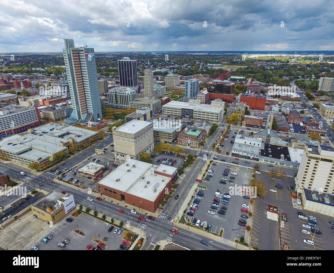 Aerial Downtown Fort Wayne Skyline with Dynamic Clouds Stock Photo - Alamy