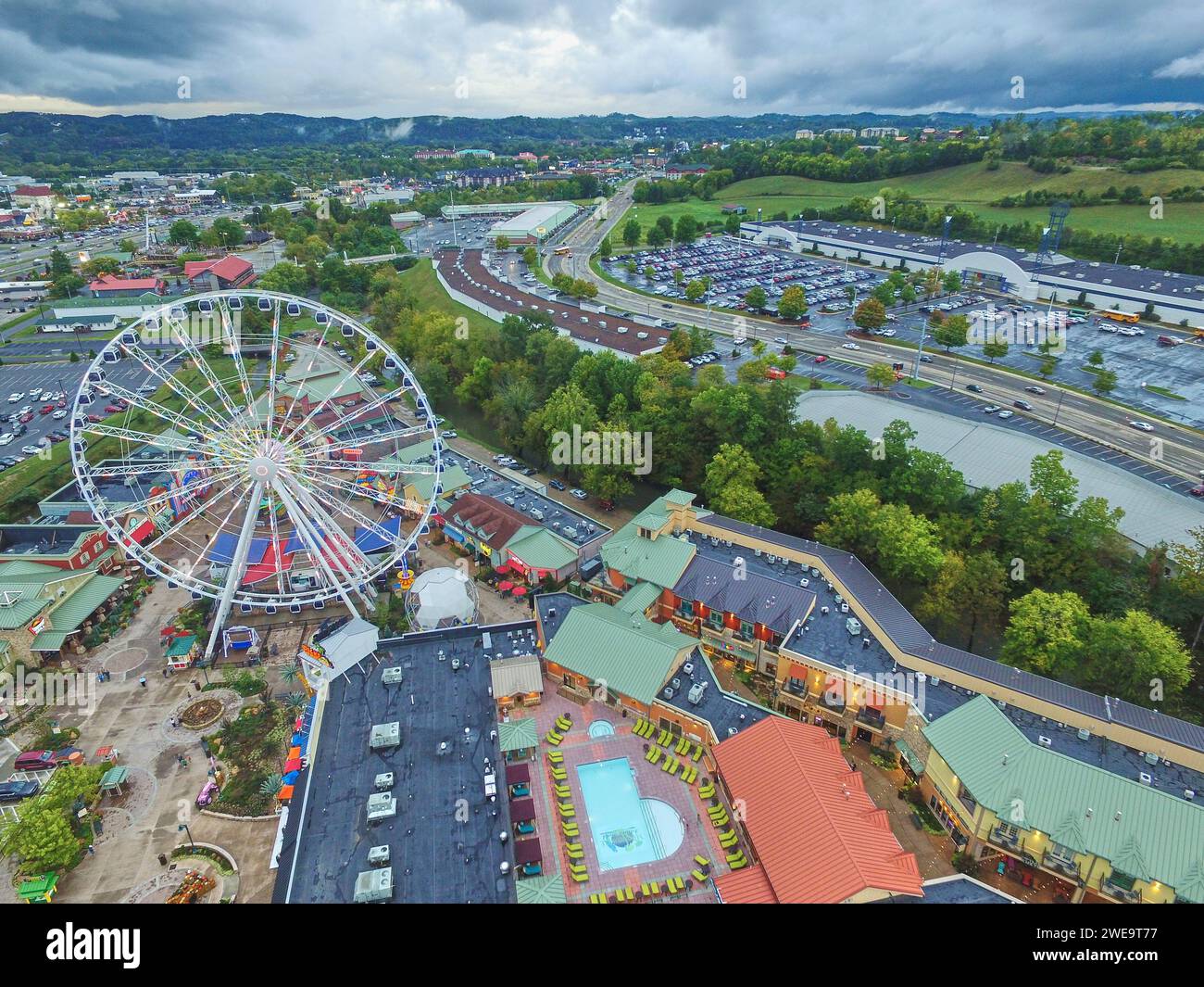 Aerial View of Ferris Wheel and Entertainment Complex, Gatlinburg TN ...