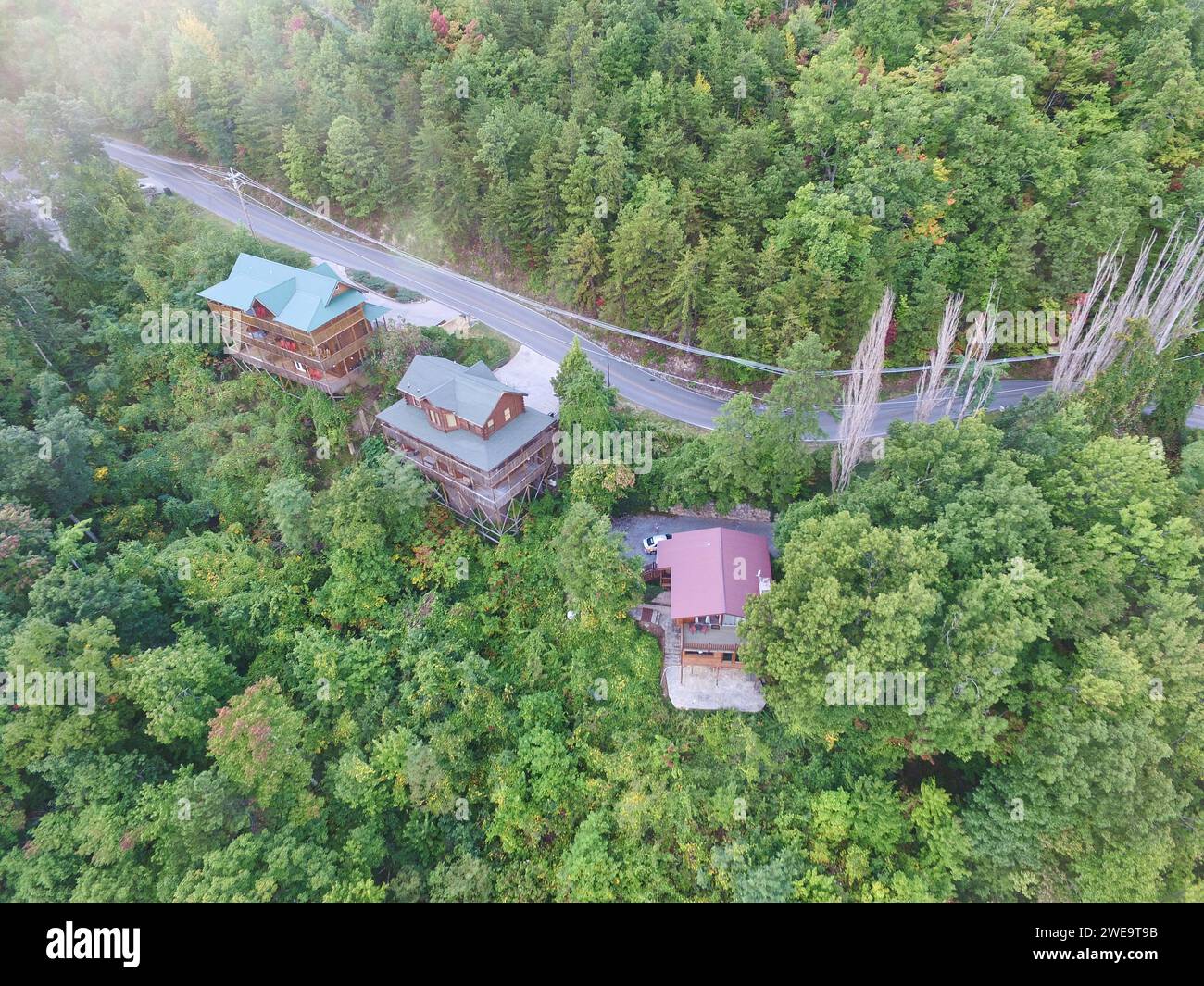 Aerial View of Secluded Mountain Cabins in Lush Forest, Smoky Mountains ...