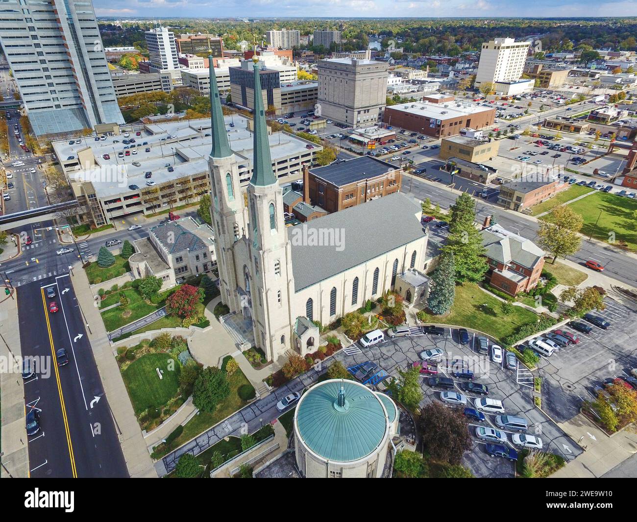 Aerial View of Historical Church Amidst Fort Wayne Downtown Skyline ...
