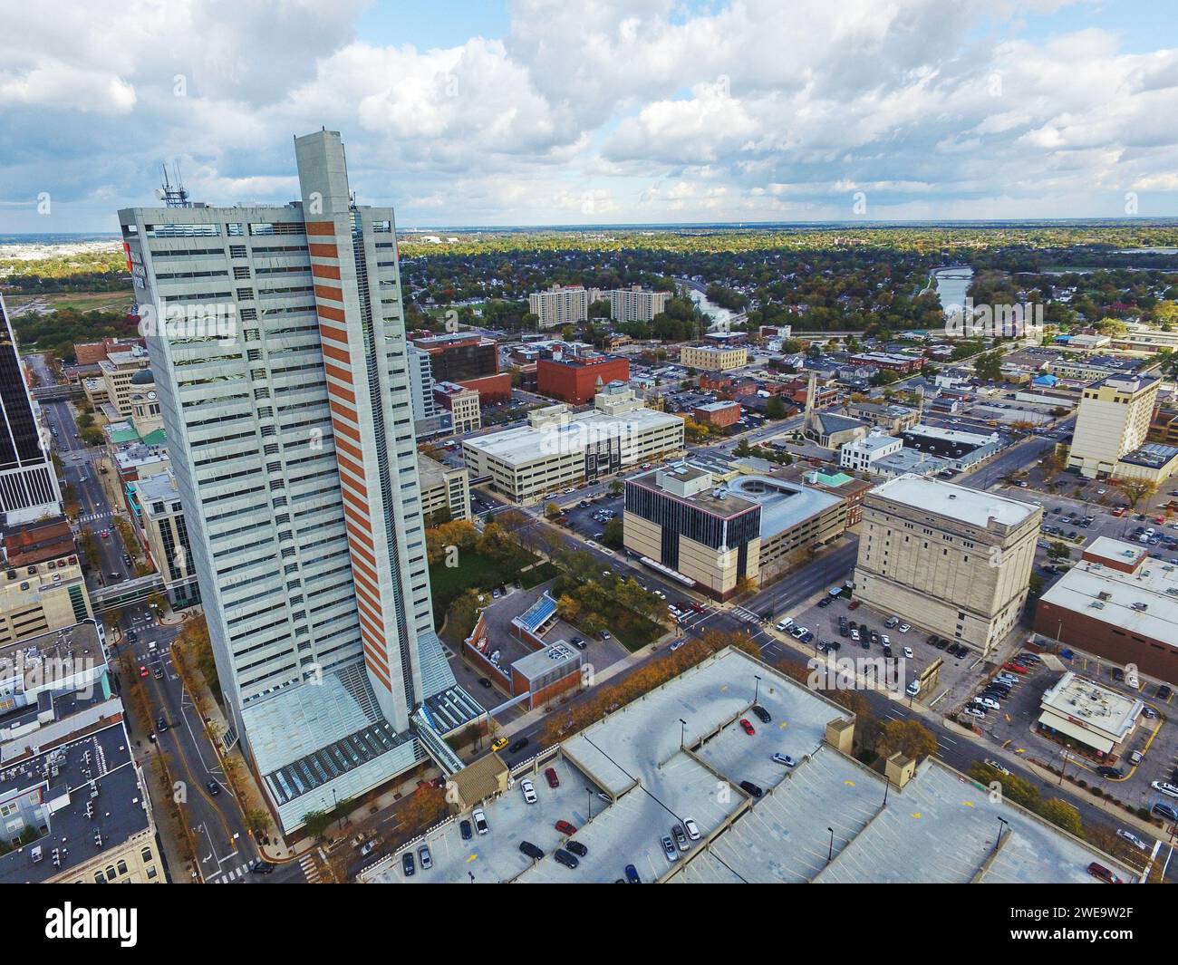 Aerial Downtown Fort Wayne Cityscape with High-Rise and Green Spaces ...