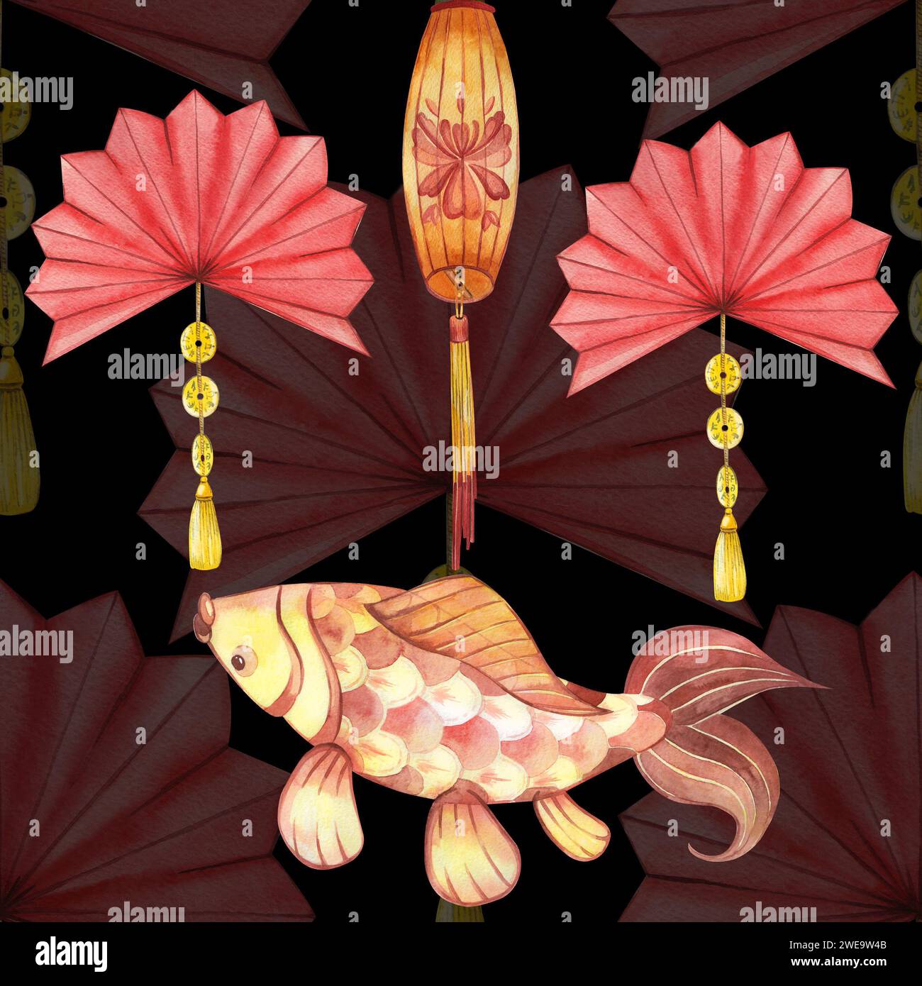 Seamless pattern for Chinese New Year. Red paper fans with gold ...