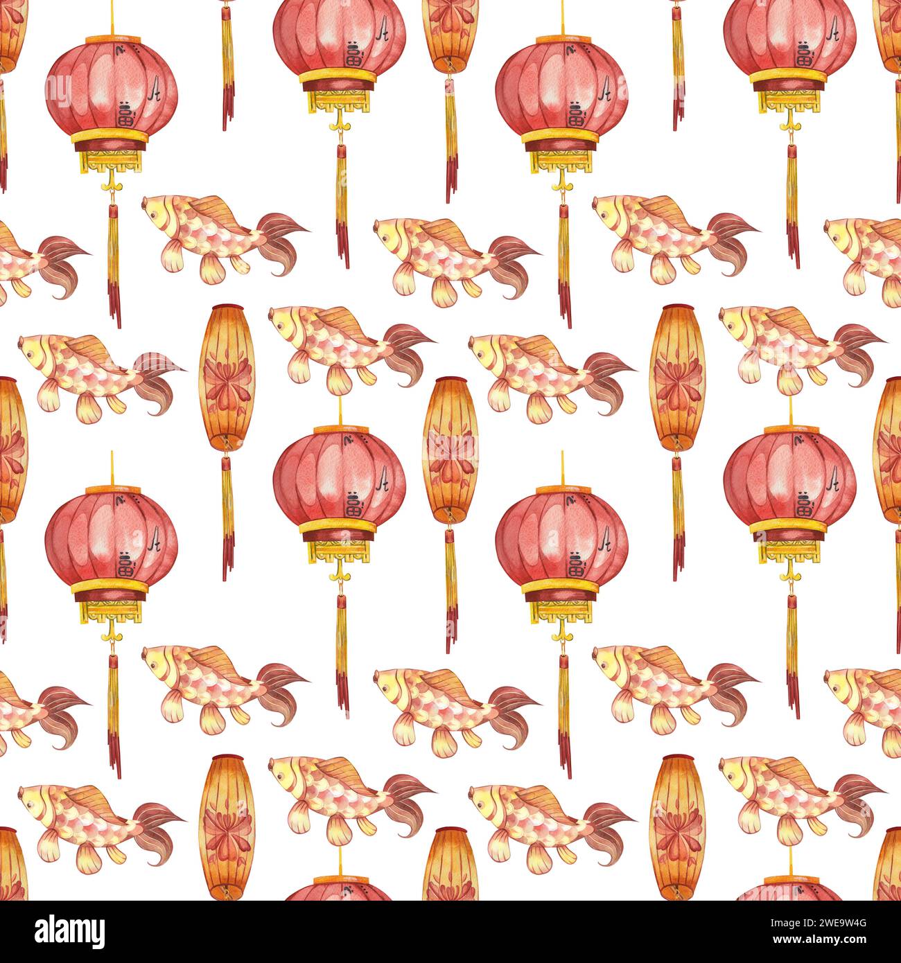 Seamless pattern. Chinese red lanterns with gold pendants and fringe ...