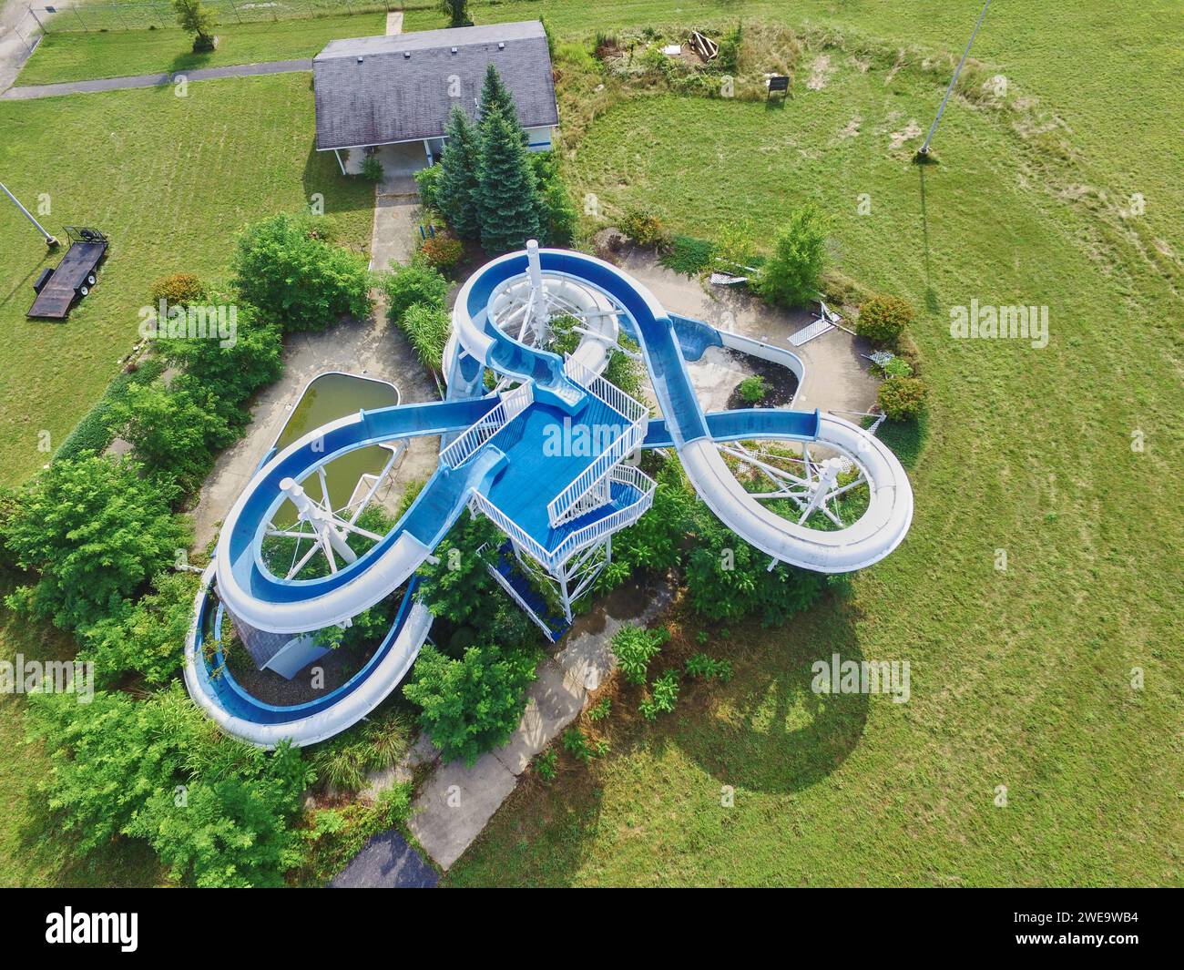 Aerial View of Secluded Water Slide in Lush Greenery, Angola Indiana ...
