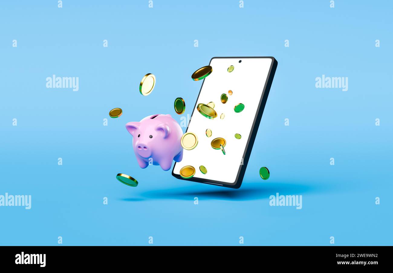 3d rendering of coins and piggy bank falling out of the smartphone ...