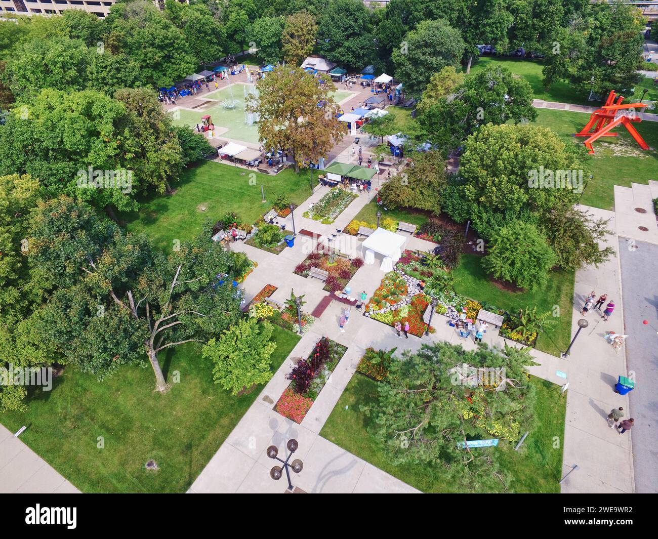 Aerial View of Outdoor Festival in Green Park with Art Sculpture Stock ...