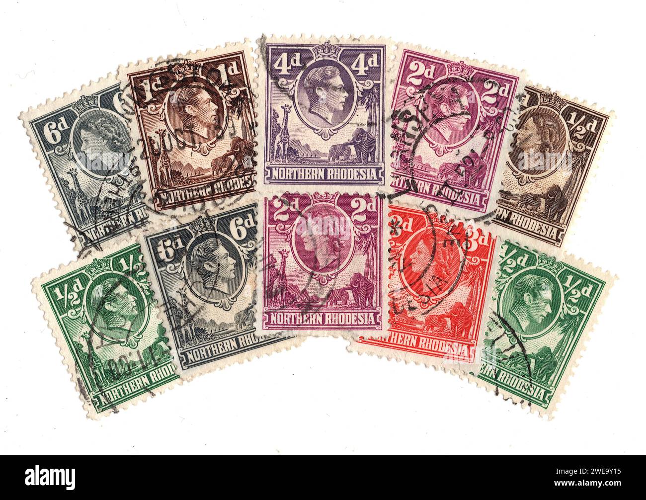 A montage of vintage postage stamps from Northern Rhodesia (Zambia ...