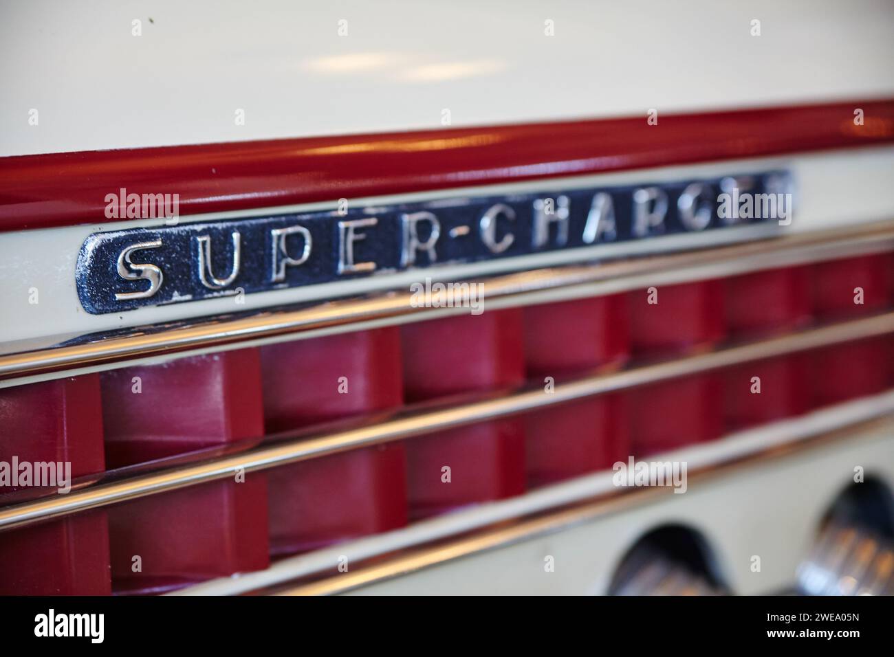 Supercharge Chrome Lettering on Vintage Car Grille, Close-Up ...