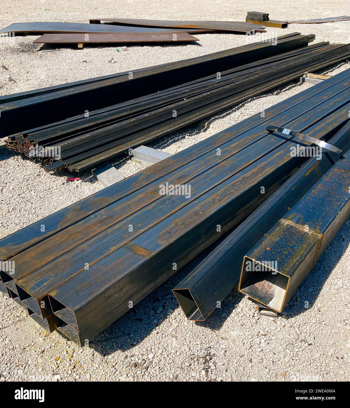 Steel beams for roofing. Black colored steel pipe elements for ...