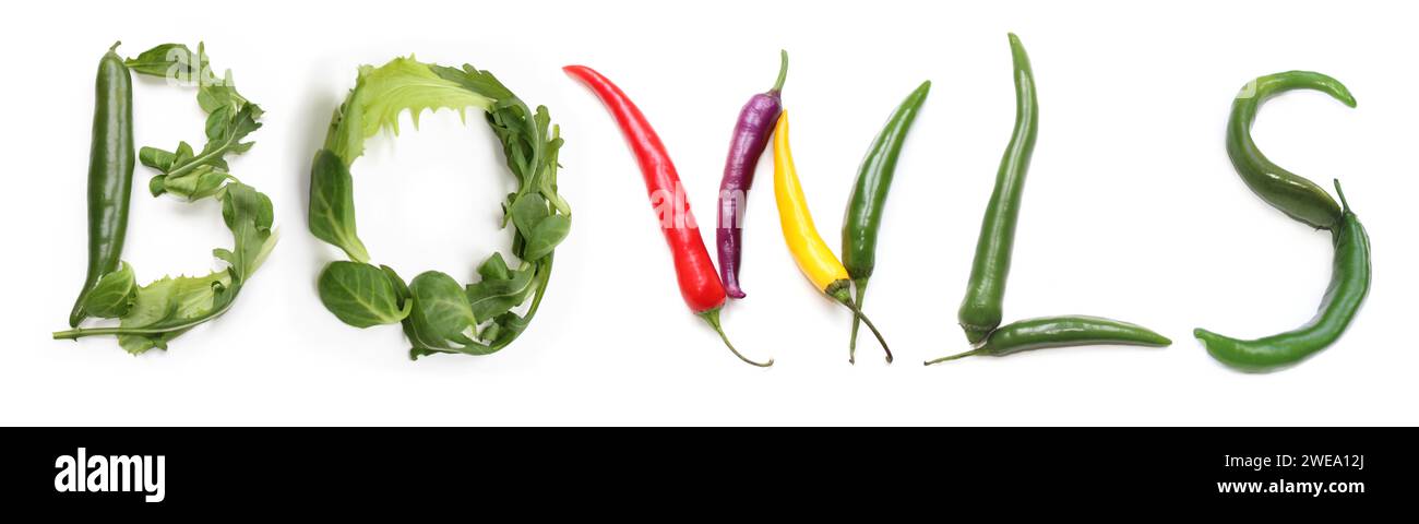 word BOWLS from green, yellow, purple chili peppers, salad lettuce ...