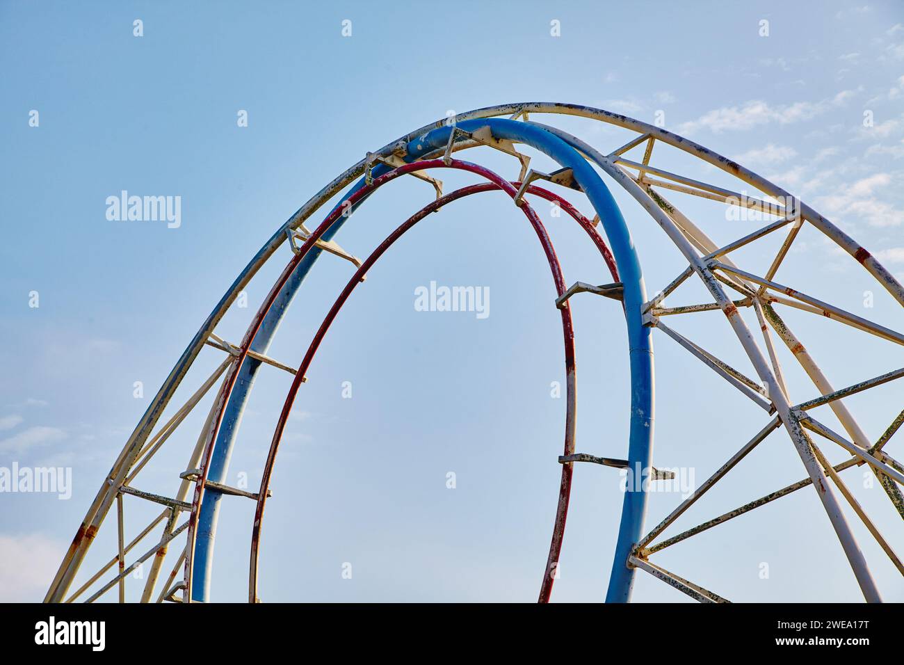 Abandoned Roller Coaster Loop Against Blue Sky, Fun Spot Indiana Stock ...
