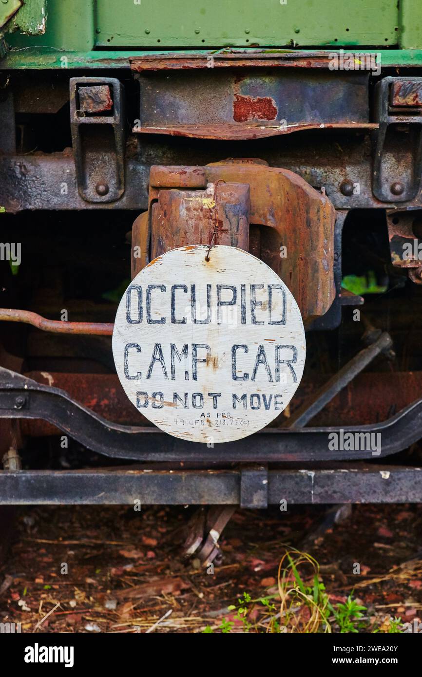 Occupied Train Car Safety Sign with Rusty Coupling, Industrial Railyard ...