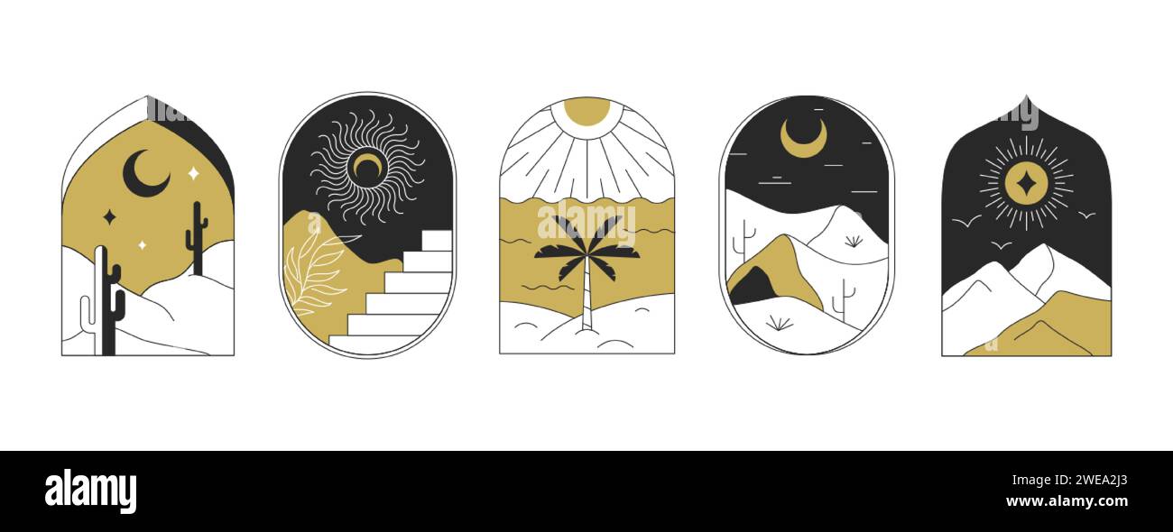 Boho logo with cactus, desert landscape, palm, sandy mountains, moon ...