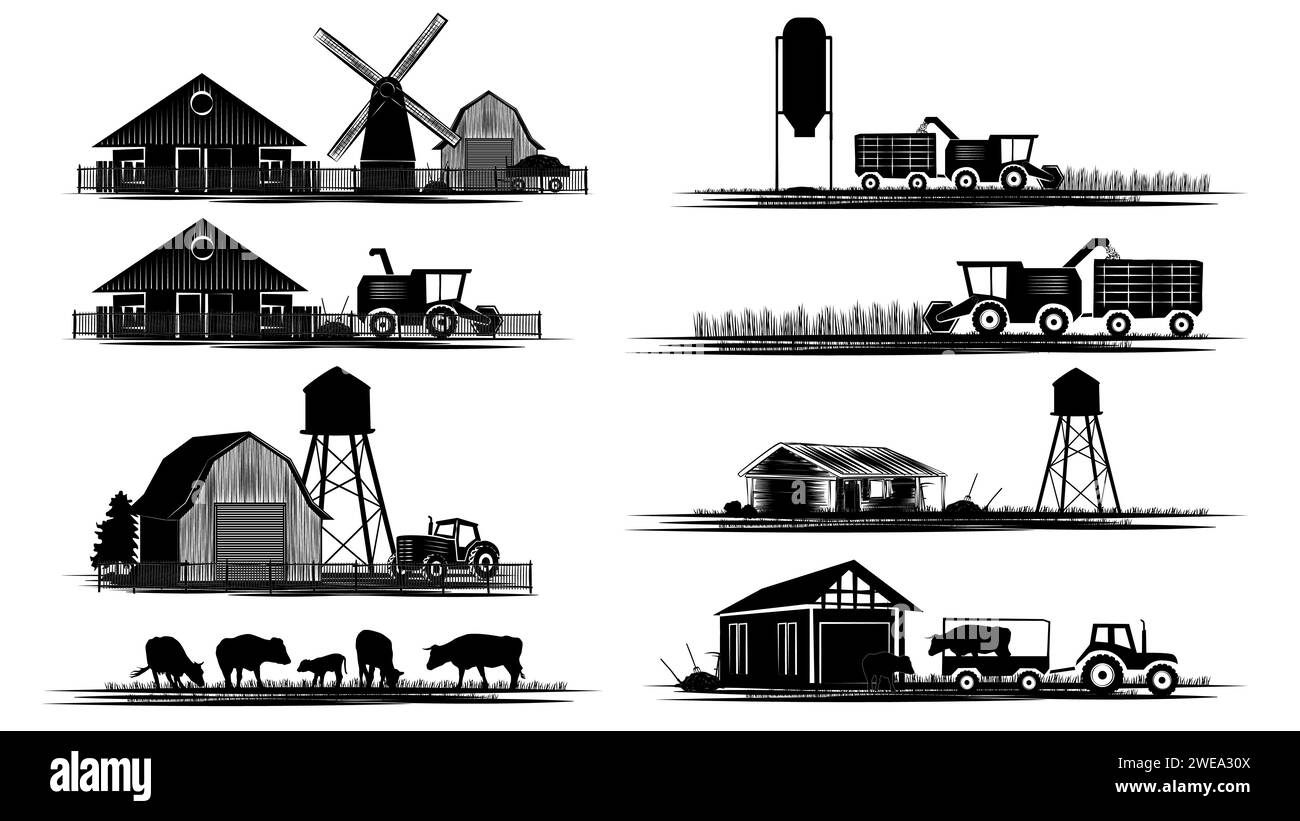Set of silhouette scenes from farm life with fields, barns and ...