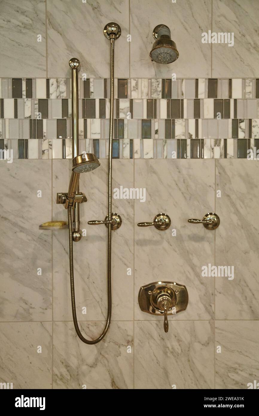 Luxury Shower System with Marble Walls and Mosaic Tile Detail Stock ...