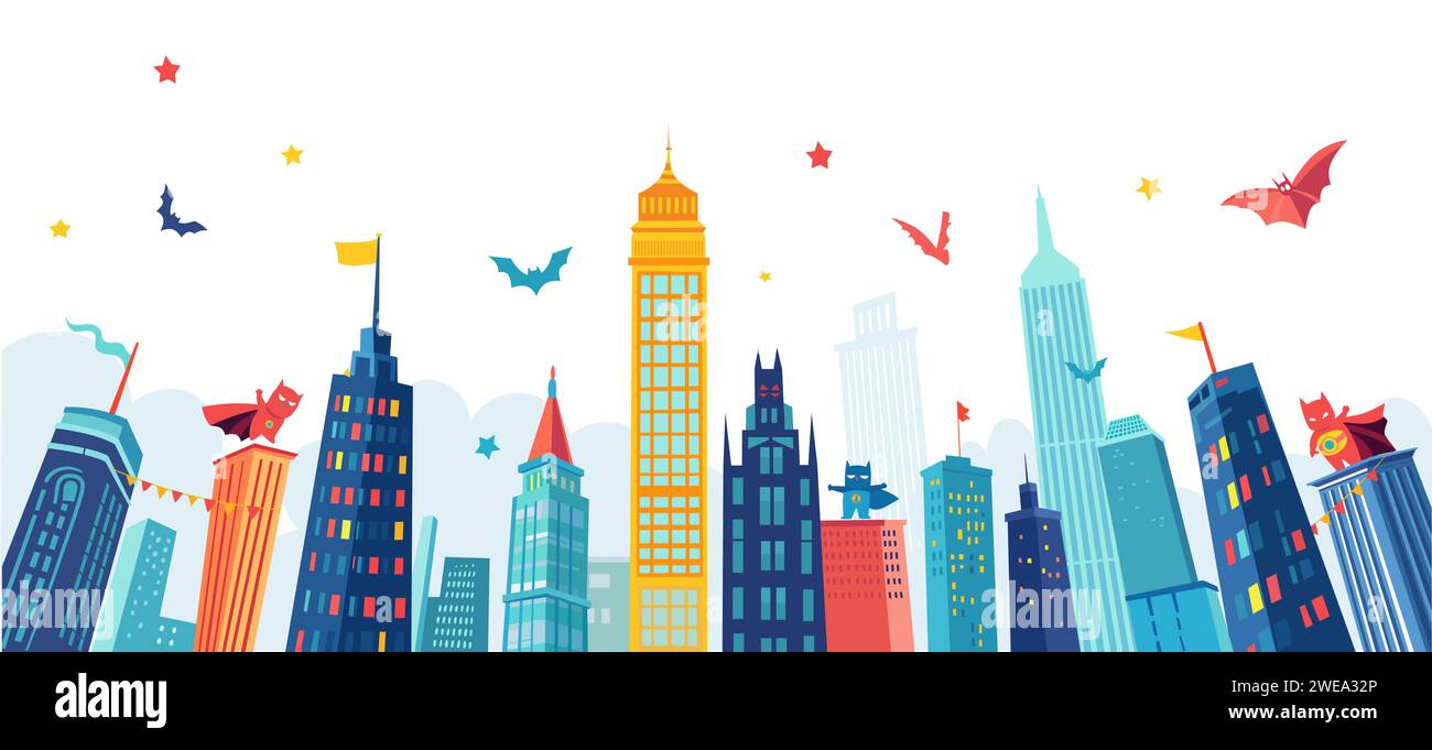 Comic-style horizontal background for Super hero kids party with city ...