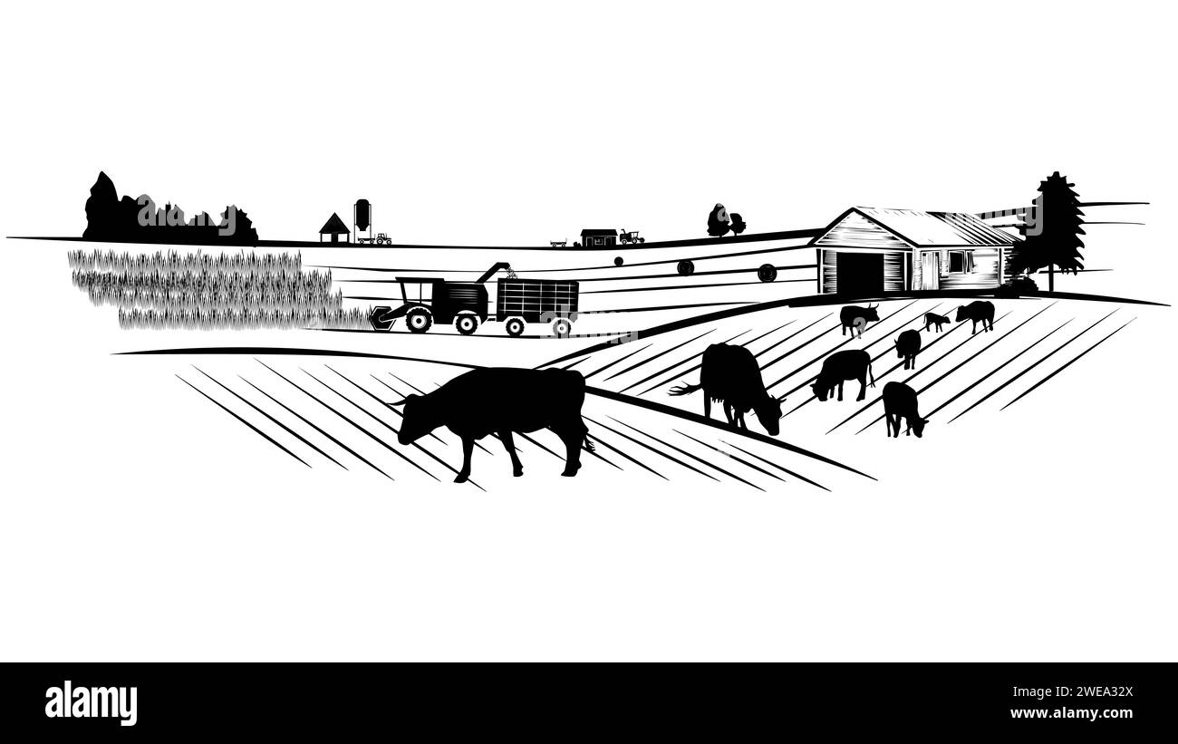 Silhouette scene from farm life with fields, barns and cows isolated on ...