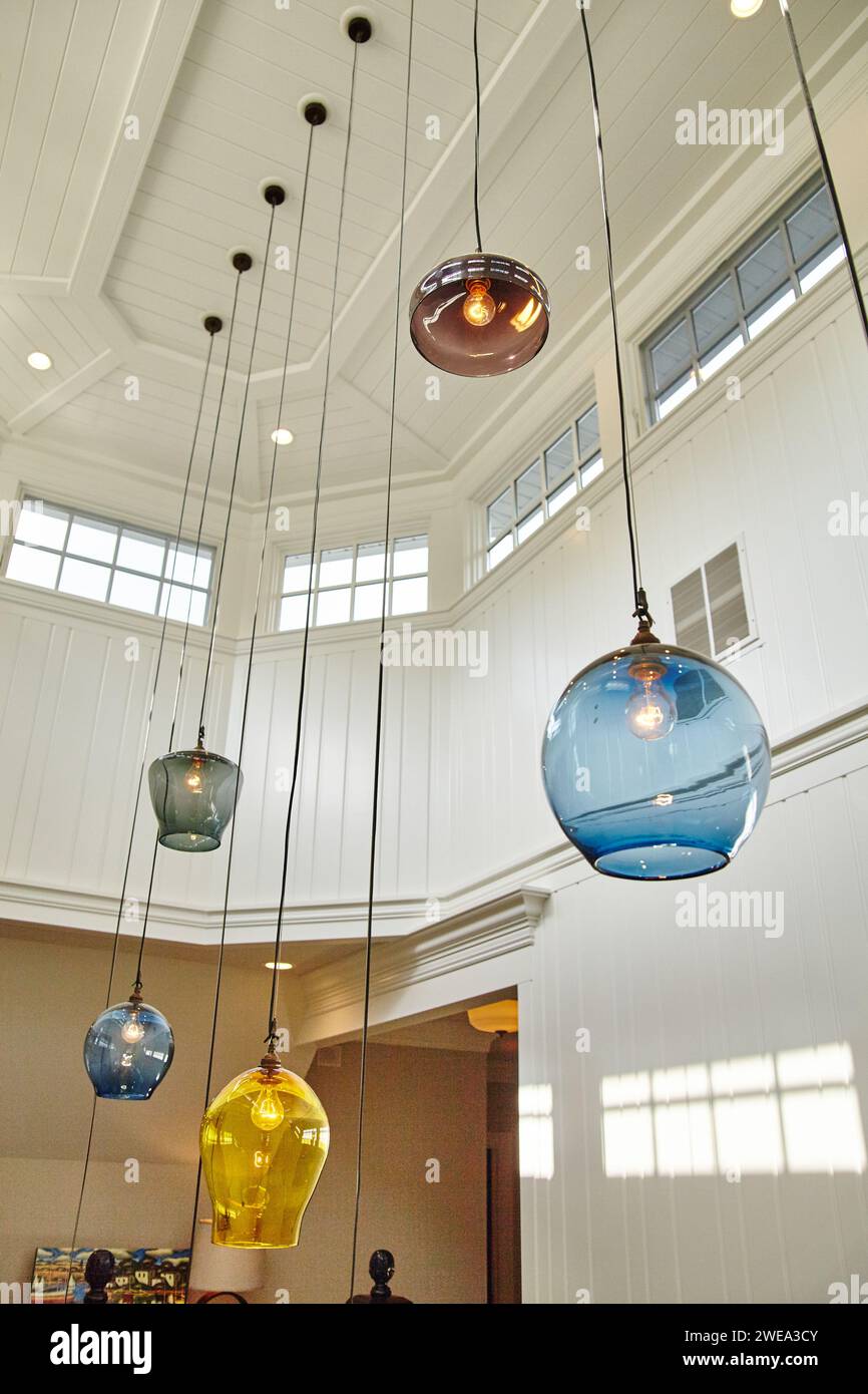 Modern Interior with Colorful Hanging Lights and Coffered Ceiling Stock ...