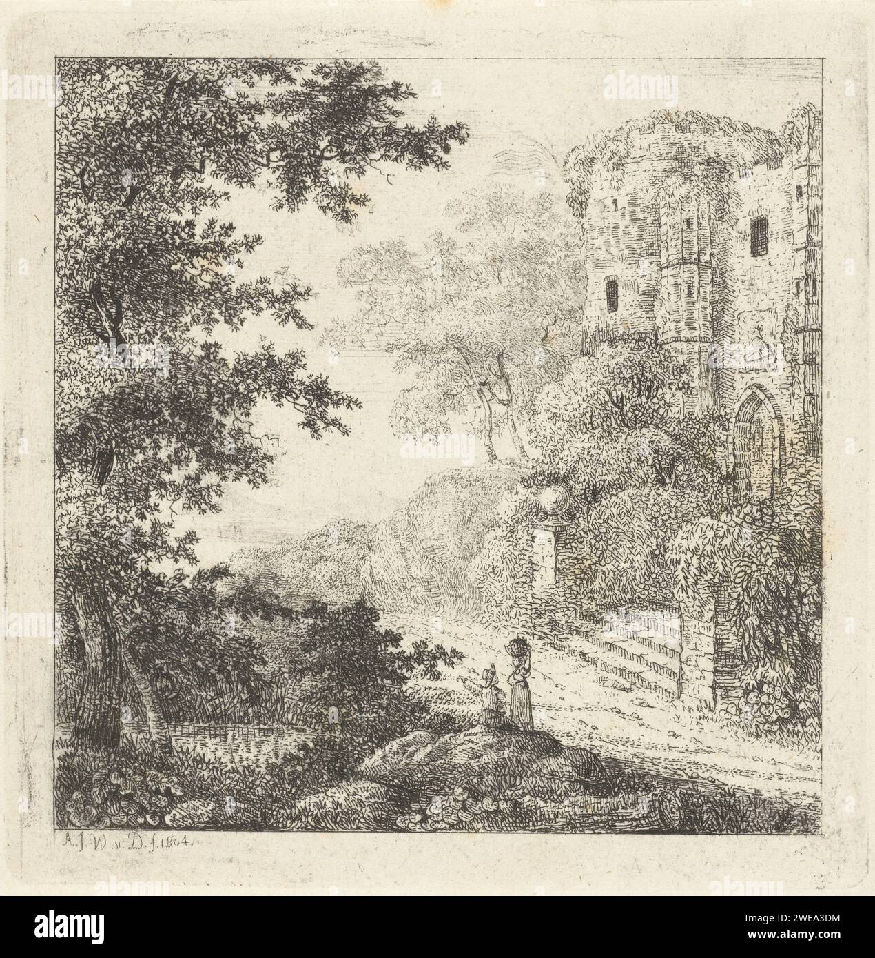 Landscape with figures at ruin of castle, Adriaan Jacob Willem van ...