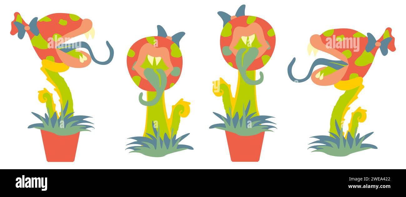 Carnivorous Plant Set, Monster Flora in Flower pot. Vector Fantasy ...